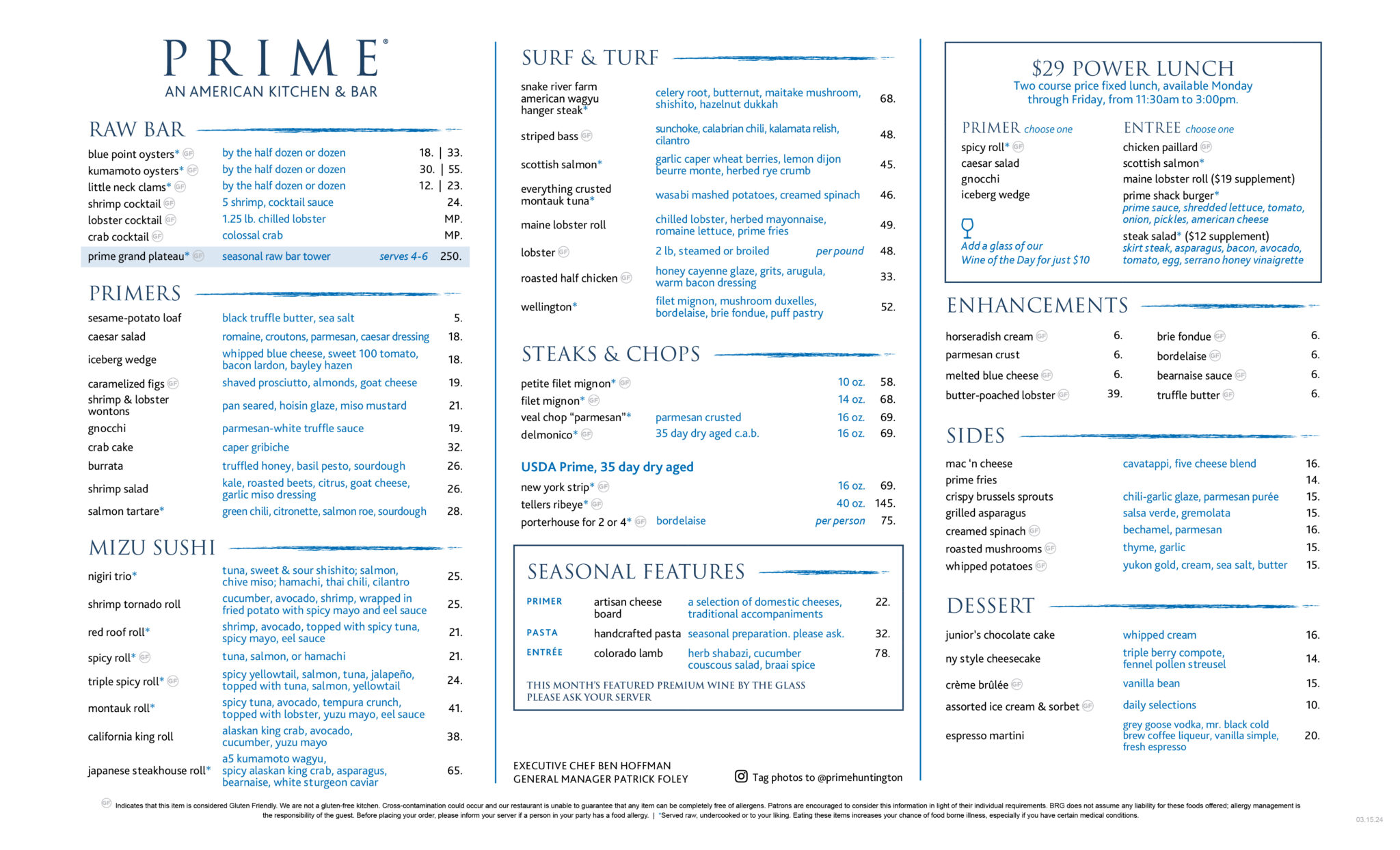 Menu - Restaurant Prime | Huntington