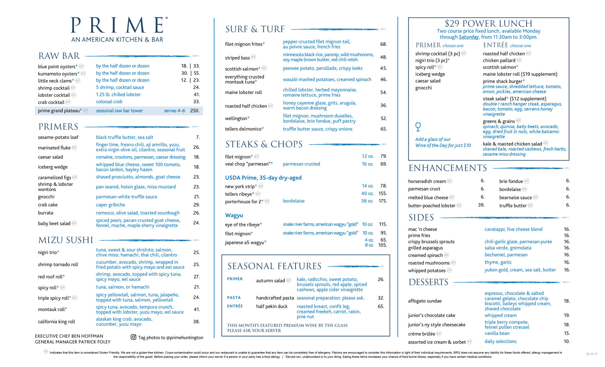 Menu - Restaurant Prime | Huntington