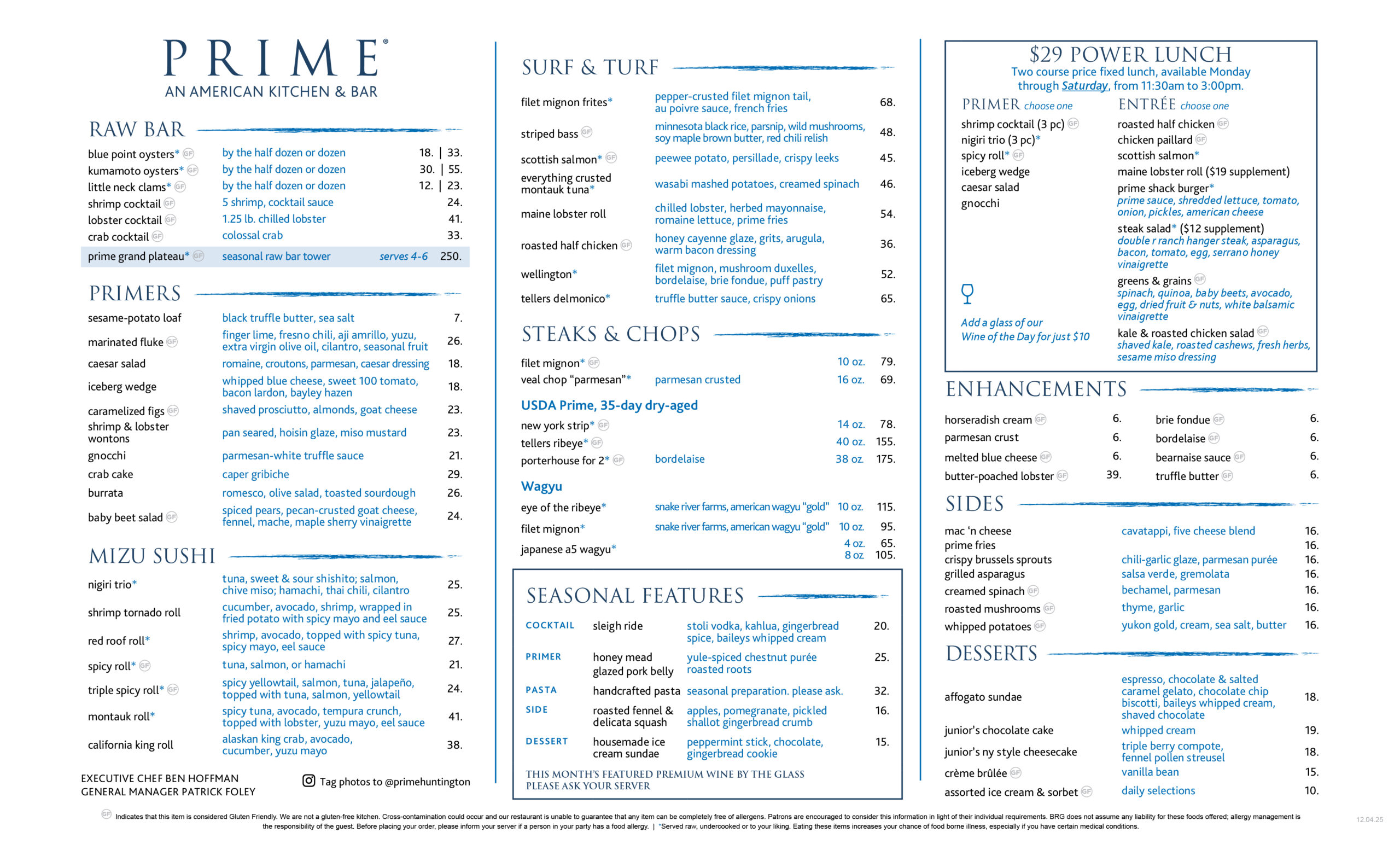 Menu - Restaurant Prime | Huntington
